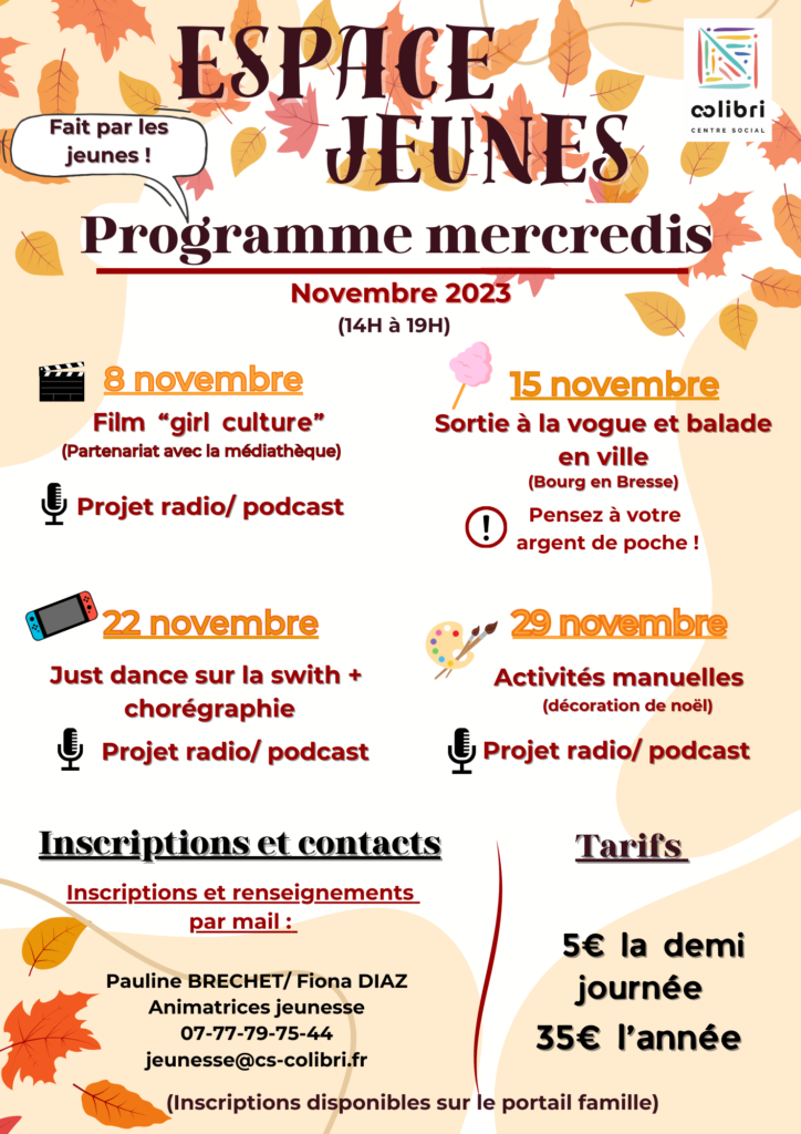 Programme du Mercredi à l'Espace Jeunes - Colibri